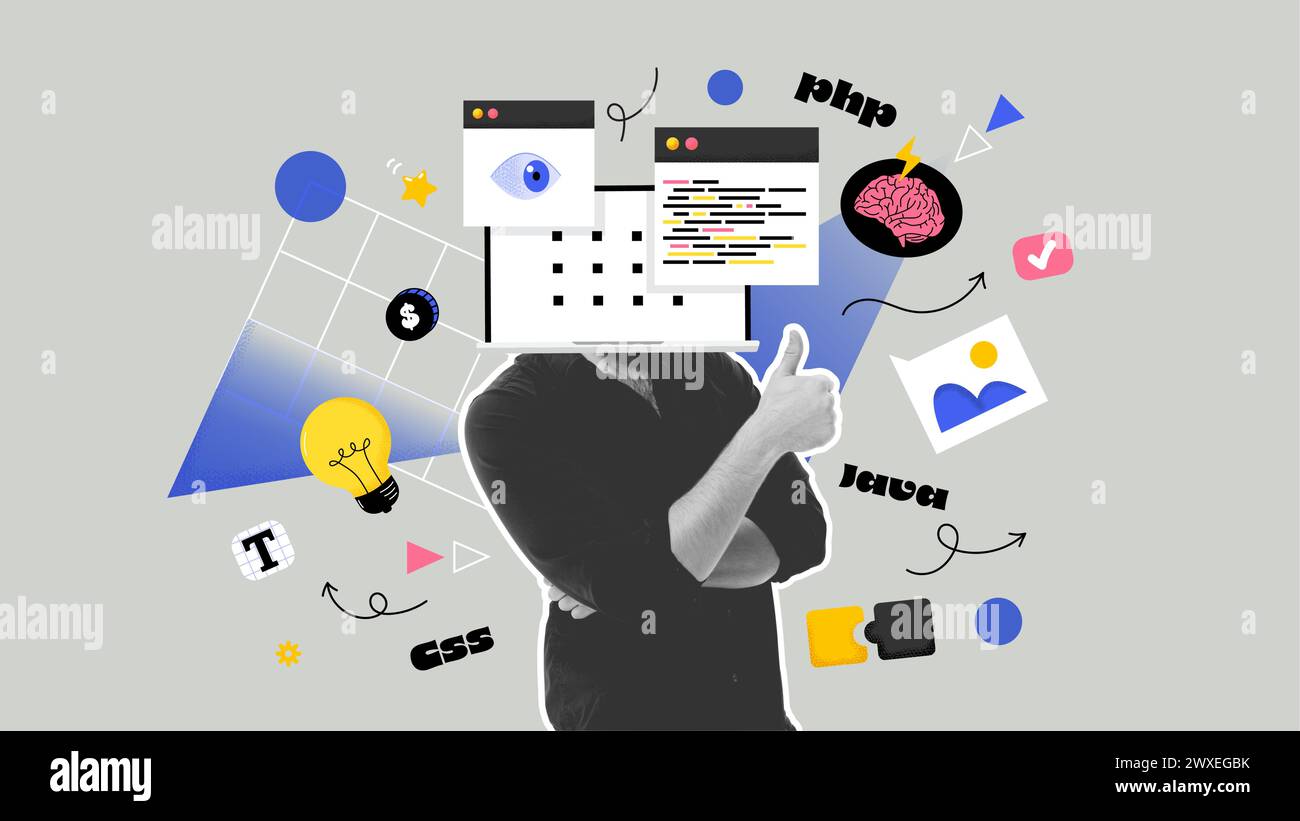 Young developer with a laptop instead of a head, art collage. Web ...