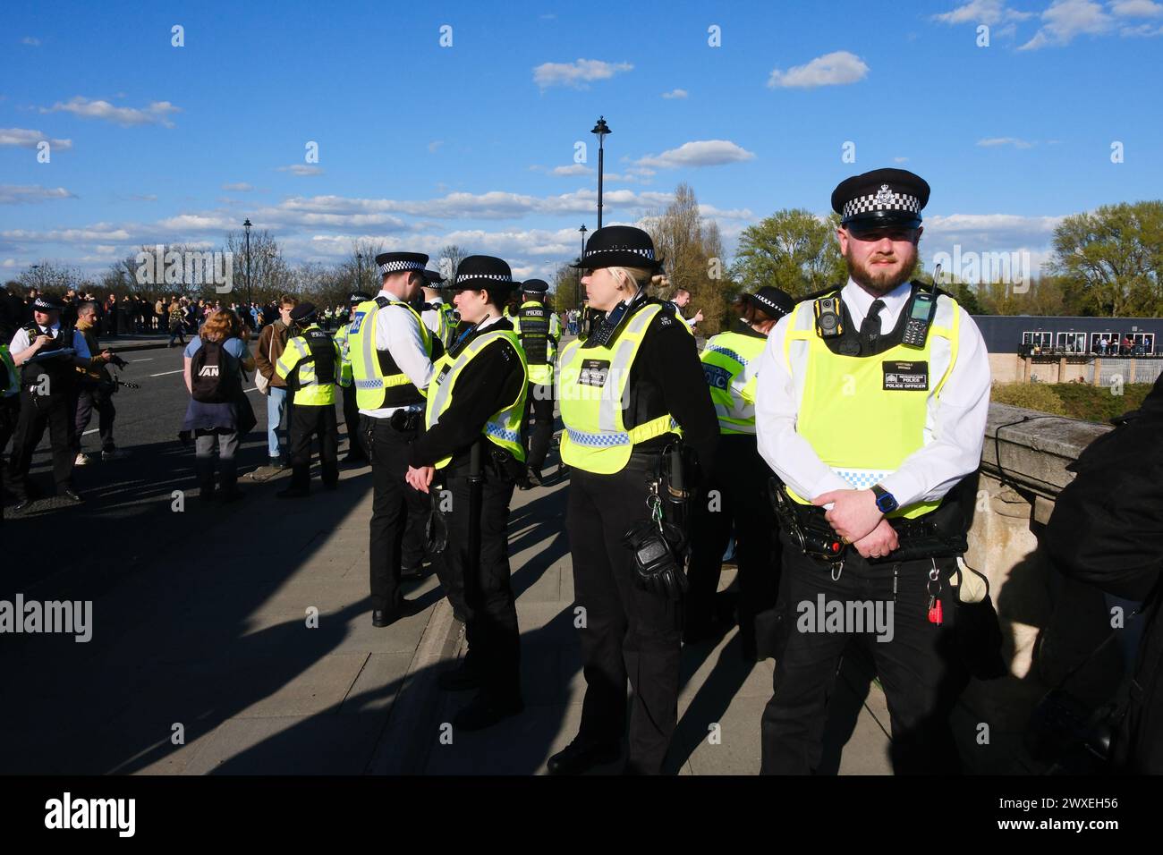 Mortlake, London, UK. 30th Mar 2024. The Boat Race 2024. Protetsters ...