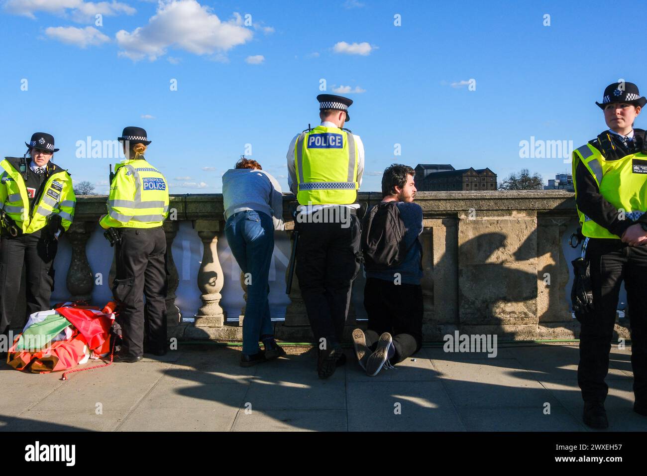 Mortlake, London, UK. 30th Mar 2024. The Boat Race 2024. Protesters ...