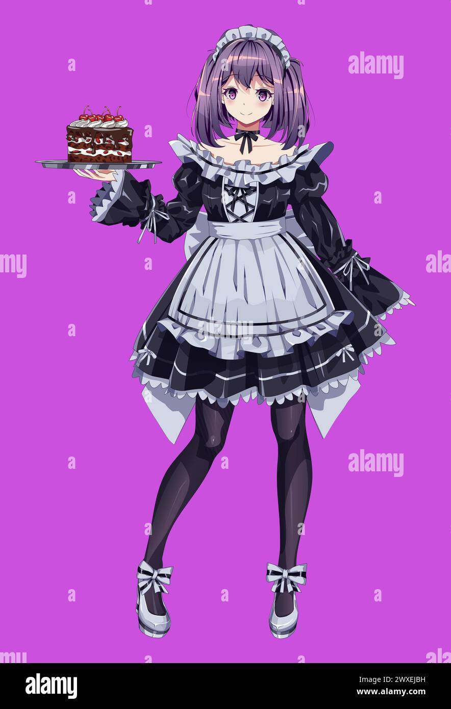 Smiling Girl In Maid Cafe Dress Color Cartoon Character Short Haired Anime Woman Carries Tray