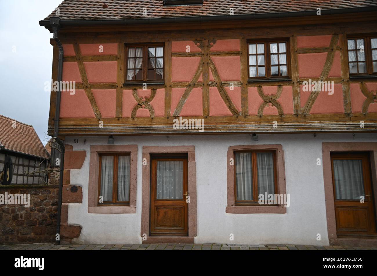 Rural landscape with scenic view of Alsatian half-timbered houses in ...