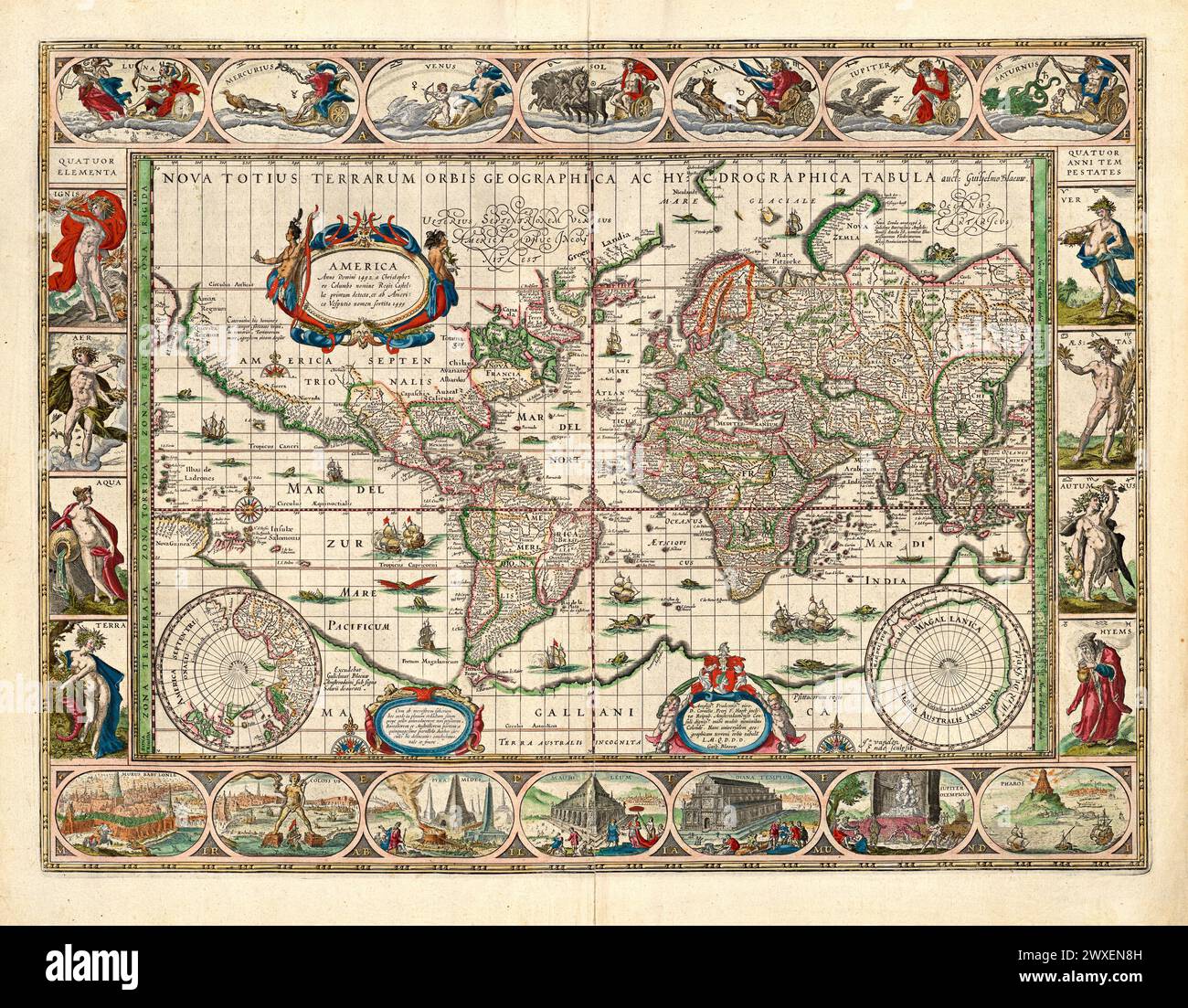 Willem Joan Blaeu's World Map, 1635. Vintage Pictorial world map from 17th Century Stock Photo ...