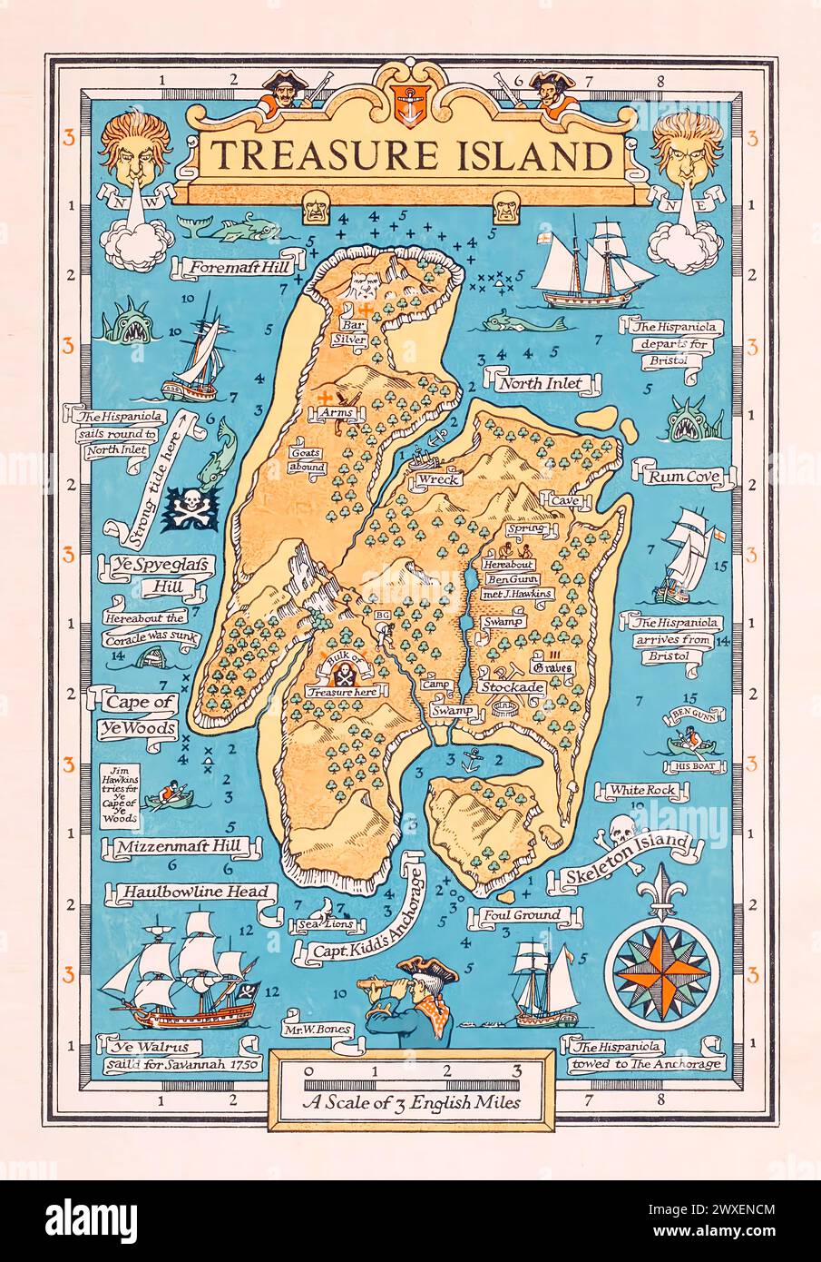 Vintage Illustrated Pictorial map from Robert Louis Stevenson. Treasure ...