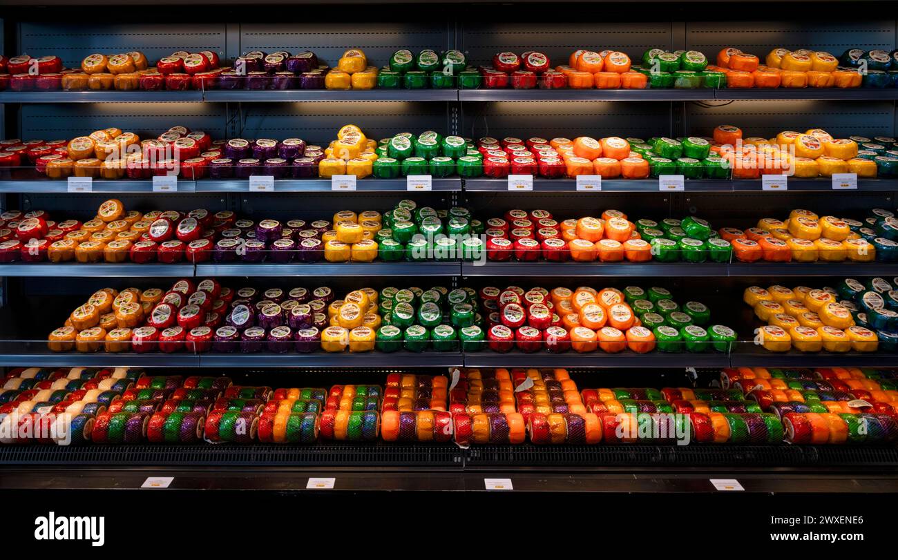Interior shot, different types of cheese, shelf, display, colourful ...