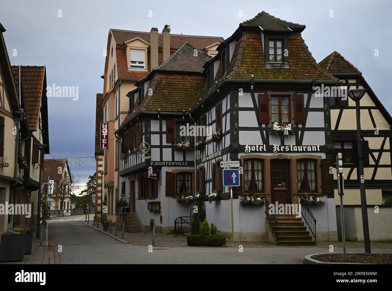 Rural landscape with scenic view of Alsatian half-timbered houses in ...