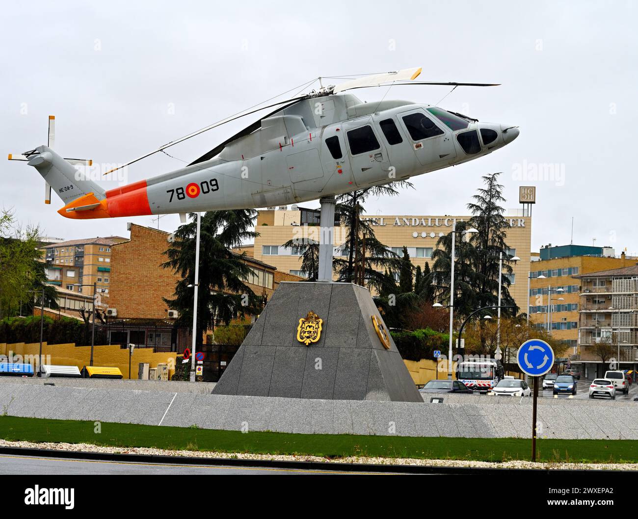 Helicopter, treated as sculpture and monument to flight and invention ...