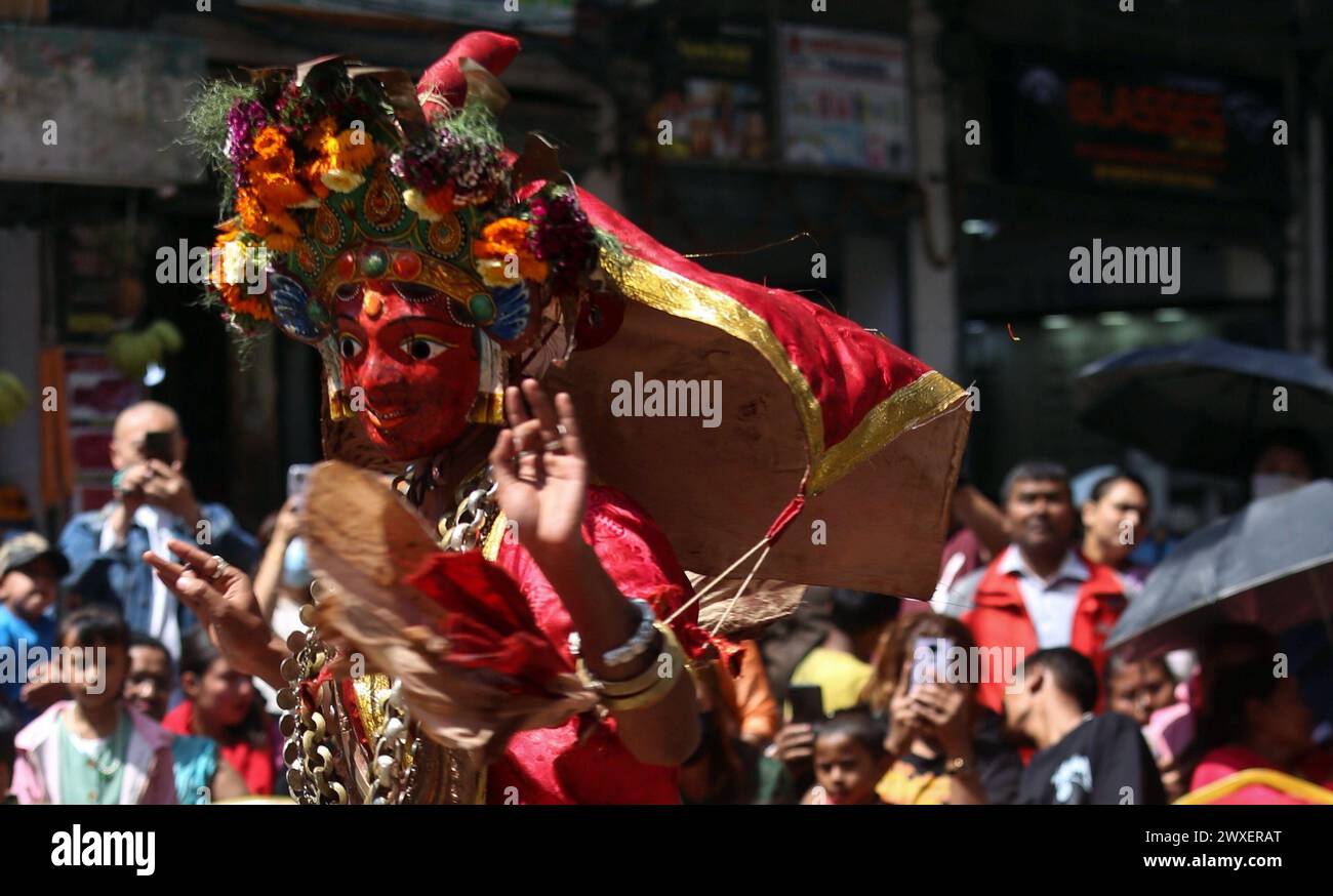 Kathmandu, Bagmati, Nepal. 30th Mar, 2024. A traditional masked dancer ...