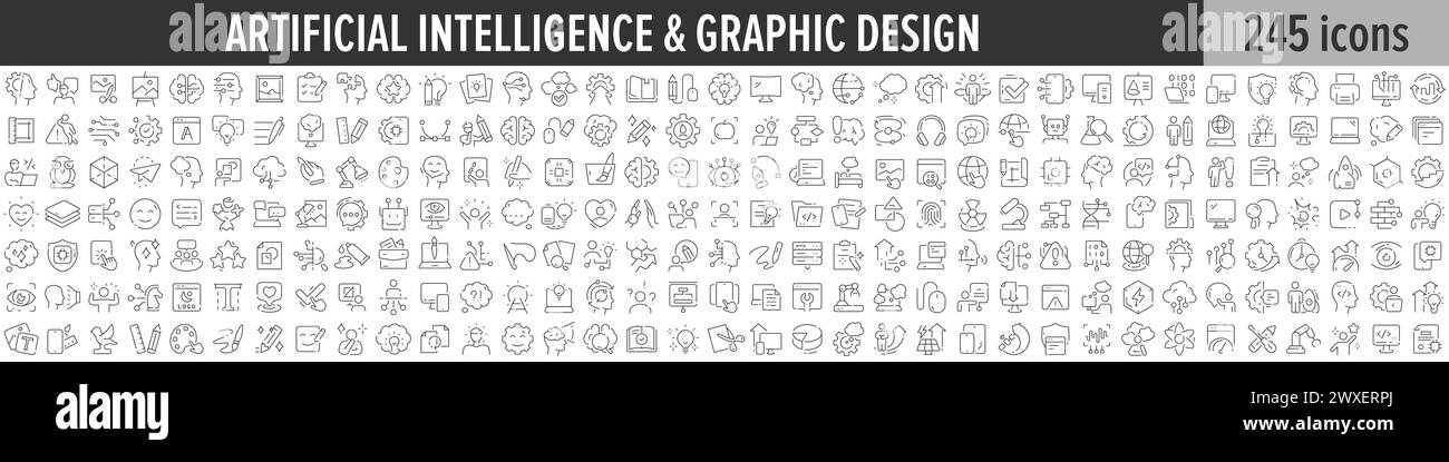 Artificial Intelligence and Graphic Design linear icon collection. Big ...