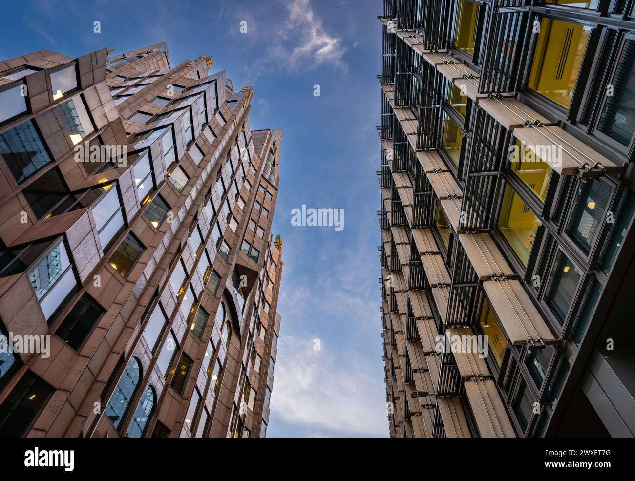 London, UK: Looking up from Mincing Lane in the City of London with the ...