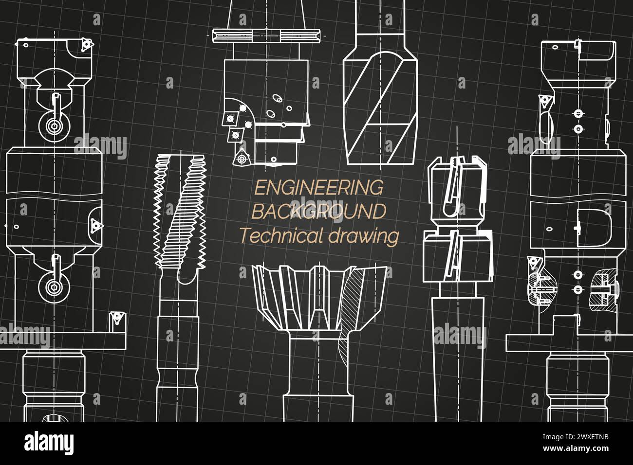 Mechanical engineering drawings on black background. Tap tools, borer ...