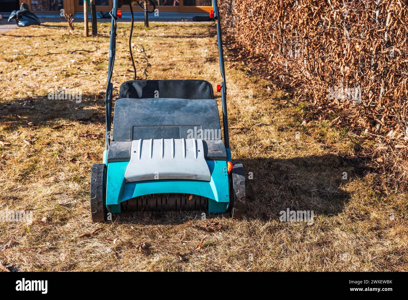 Close-up of electric lawn aerator on yellow grass in the garden on a ...
