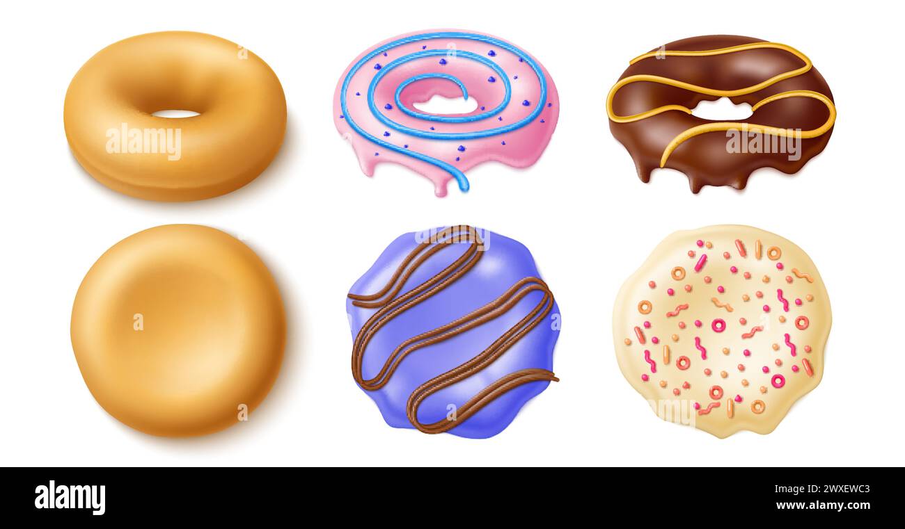 Donuts constructor. Realistic sweet buns and different glazes and toppings, top and side view ...