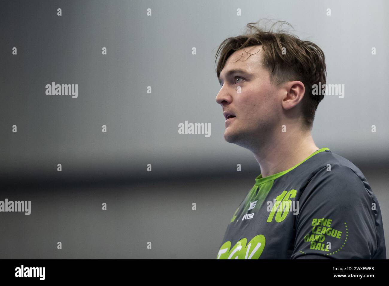 Hasselt, Belgium. 30th Mar, 2024. Vise's goalkeeper Nicholas Plessers ...