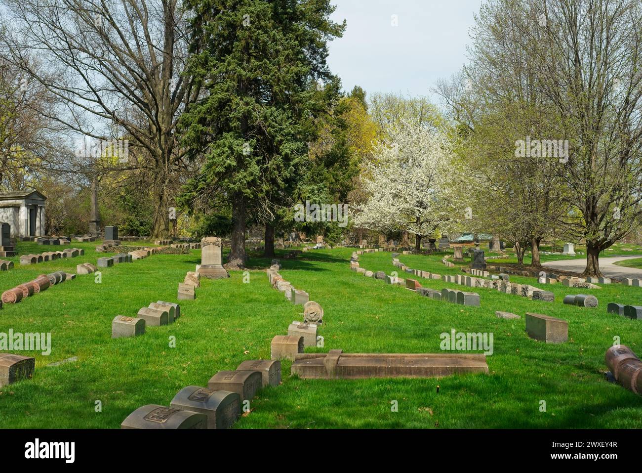 Curving rows of headstones in Lake View Cemetery, Cleveland, Ohio Stock ...