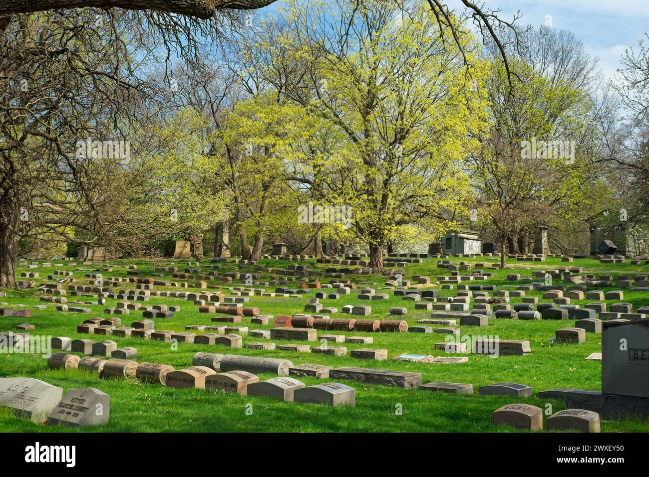 Rows of old monuments and headstones fill a section of Cleveland's Lake ...