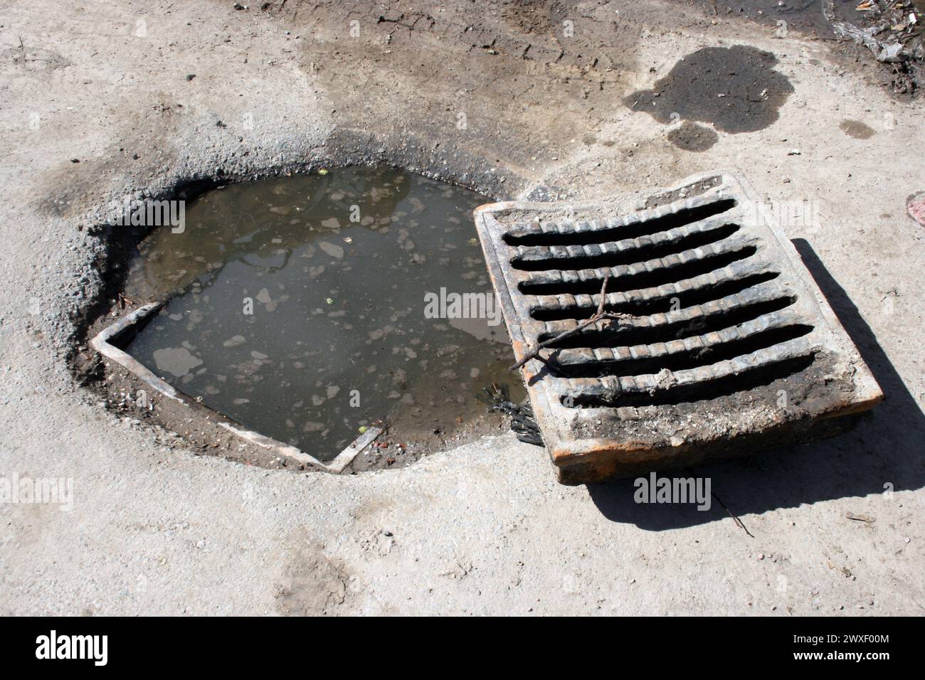 Problem with water drainage, clogged manhole Stock Photo - Alamy
