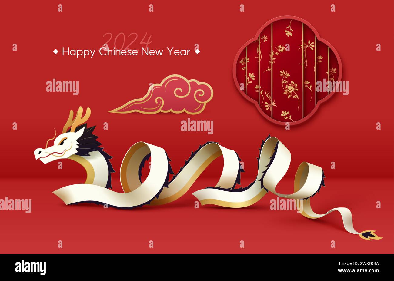 Paper art style CNY elements isolated on red background. 2024 ribbon ...