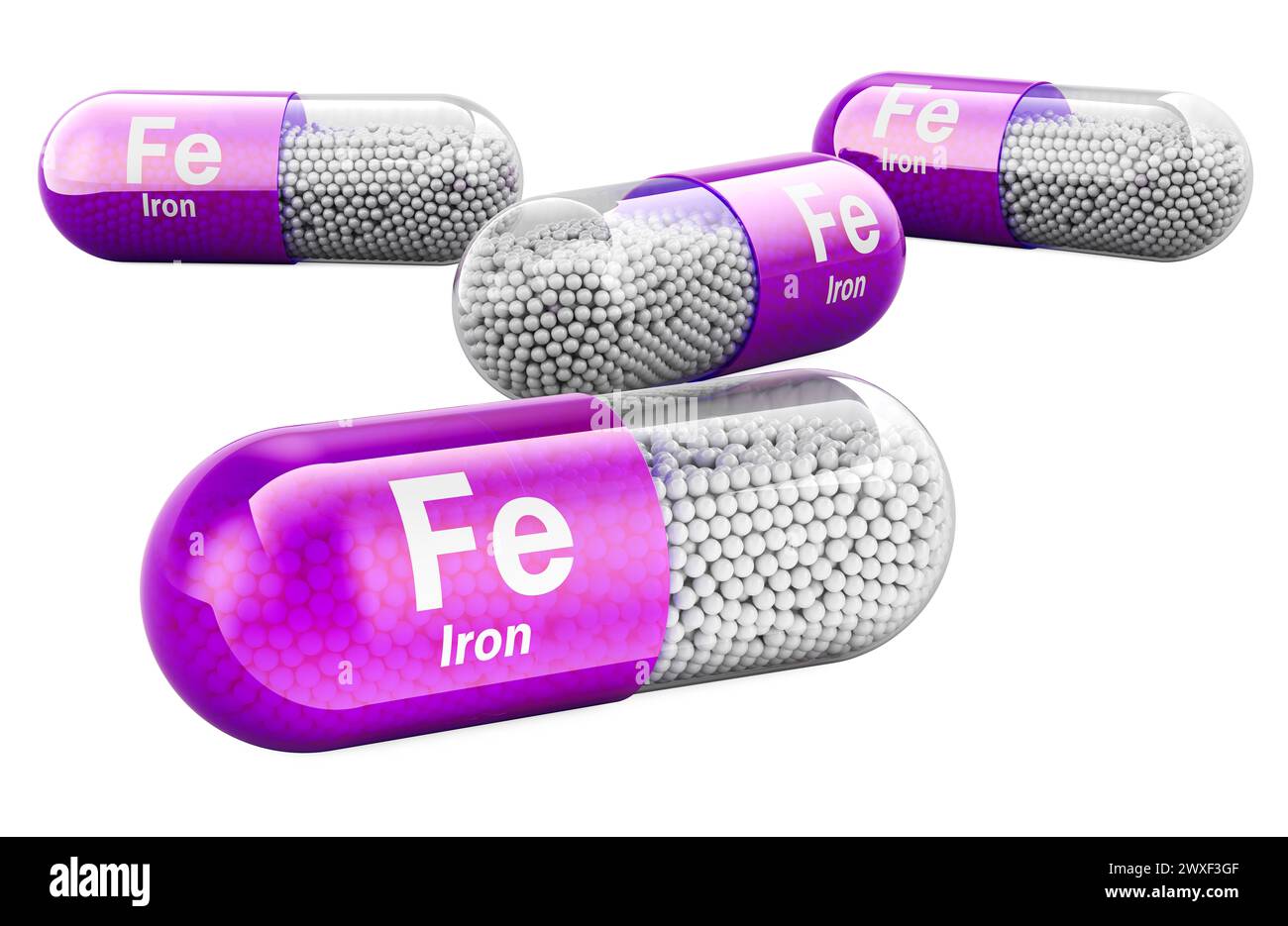 Capsules with ferrum Fe, iron. 3D rendering isolated on white ...