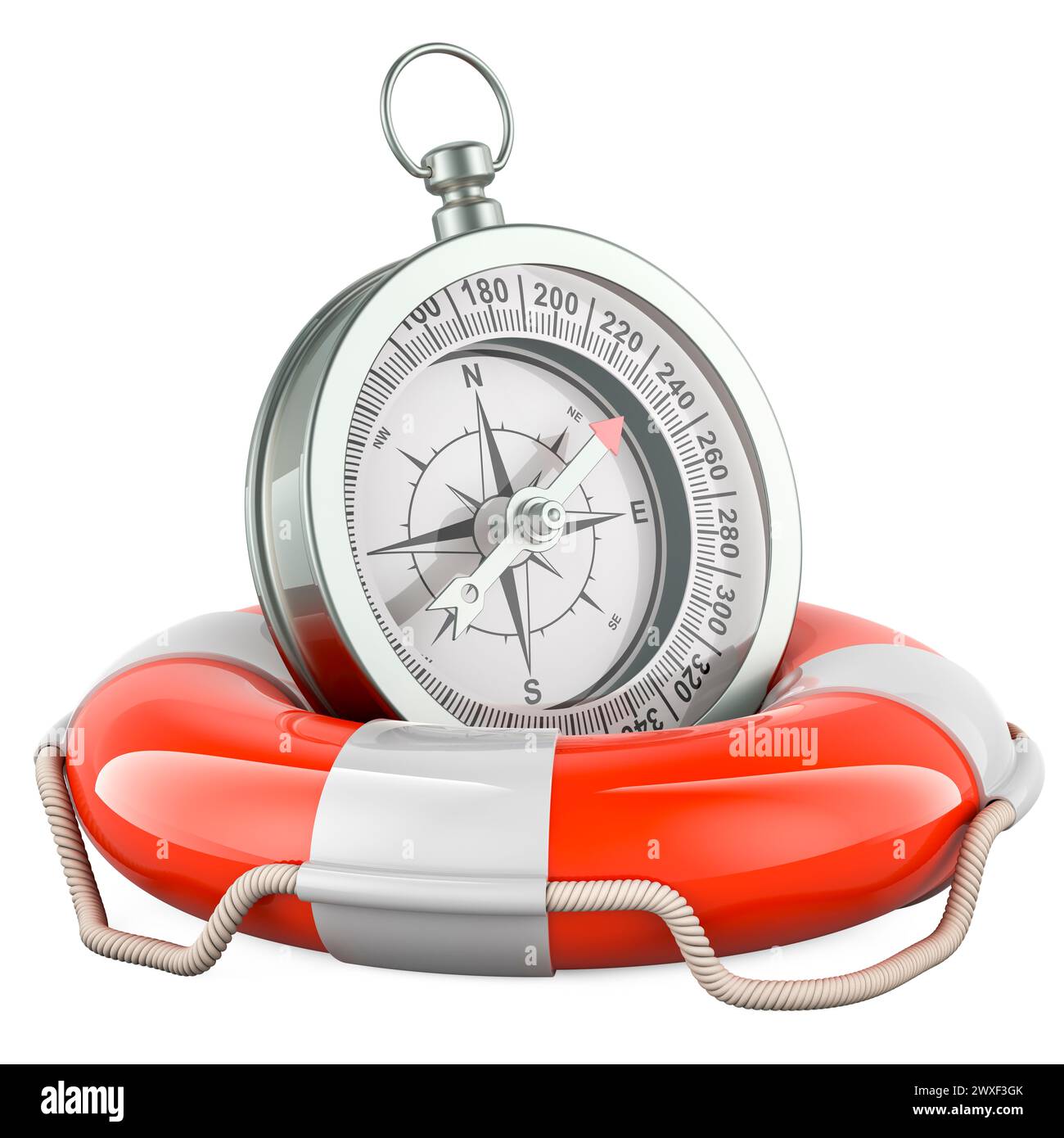 Compass inside lifebelt, 3D rendering isolated on white background ...