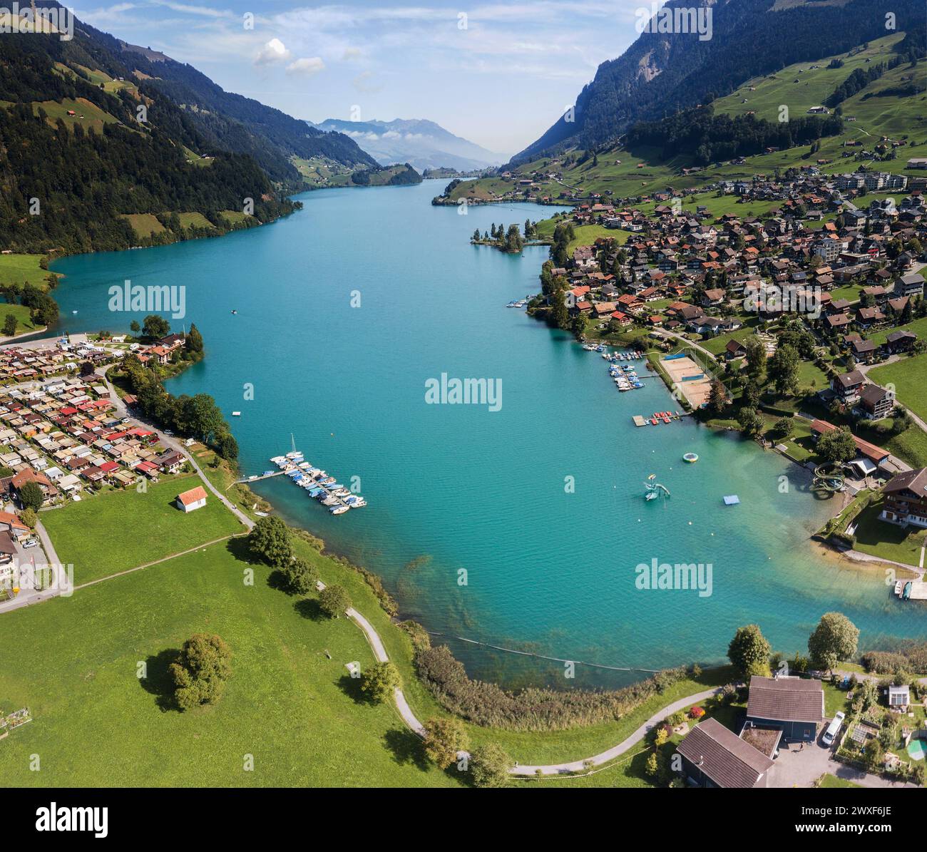 Aerial image of Lake Lungern Valley vewi from Turren peaks in the Swiss ...