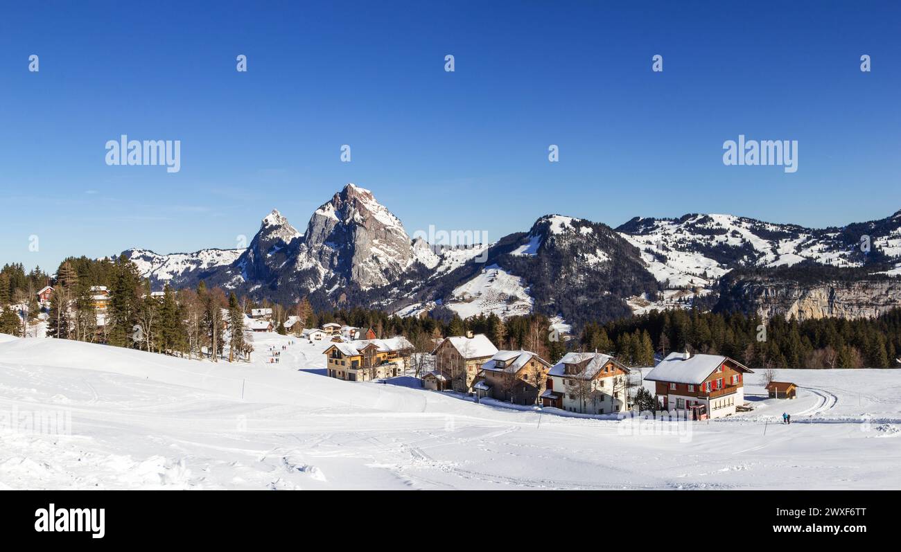 Panorama of Mount Mythen (Gross and Klein) covered with snow in winter ...