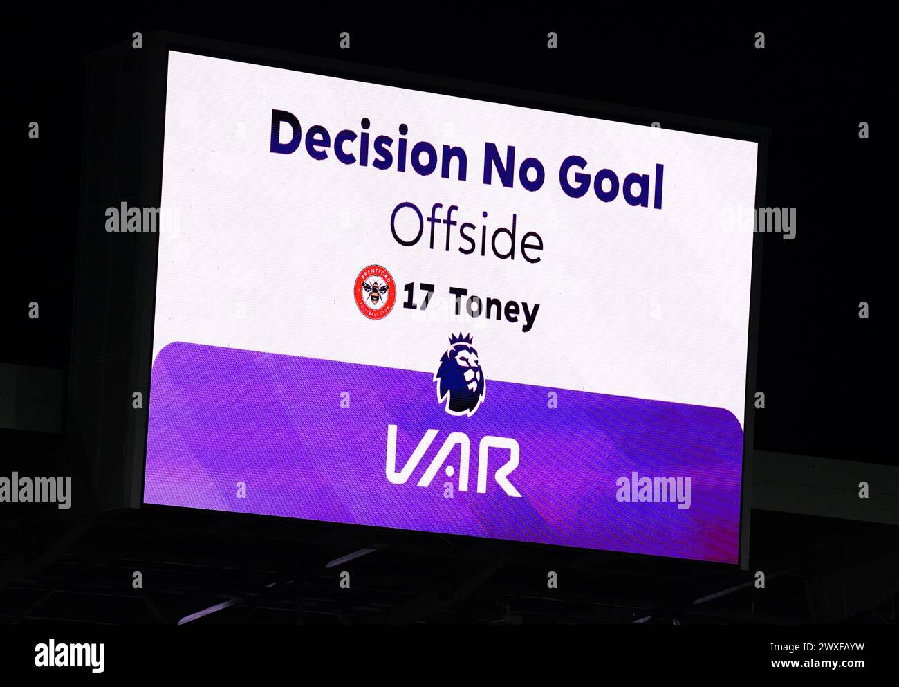 A VAR check on the big screen rules Ivan Toney's goal as offside during ...