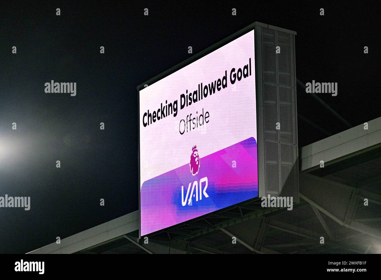 VAR check for a possible offside for a goal from Ivan Toney of ...