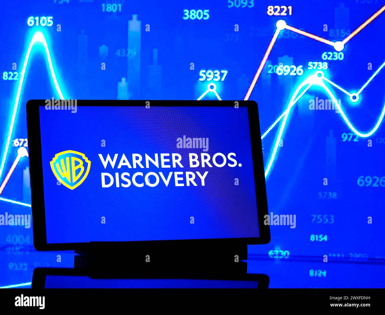 Germany - March 30, 2024: In this photo illustration, Warner Bros. Discovery, Inc. logo seen ...