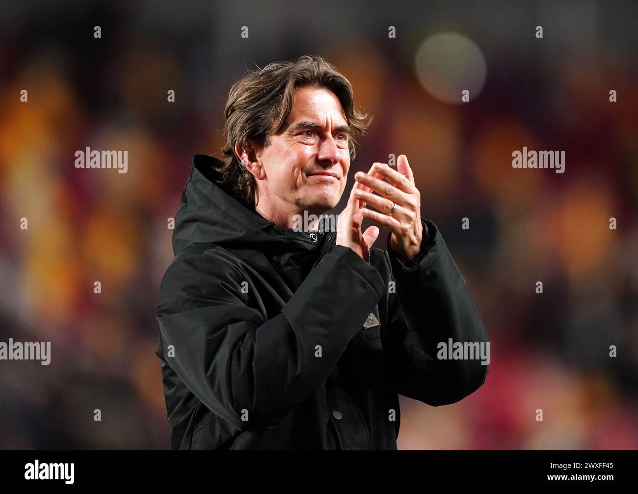 Brentford manager Thomas Frank applauds the fans following the Premier ...