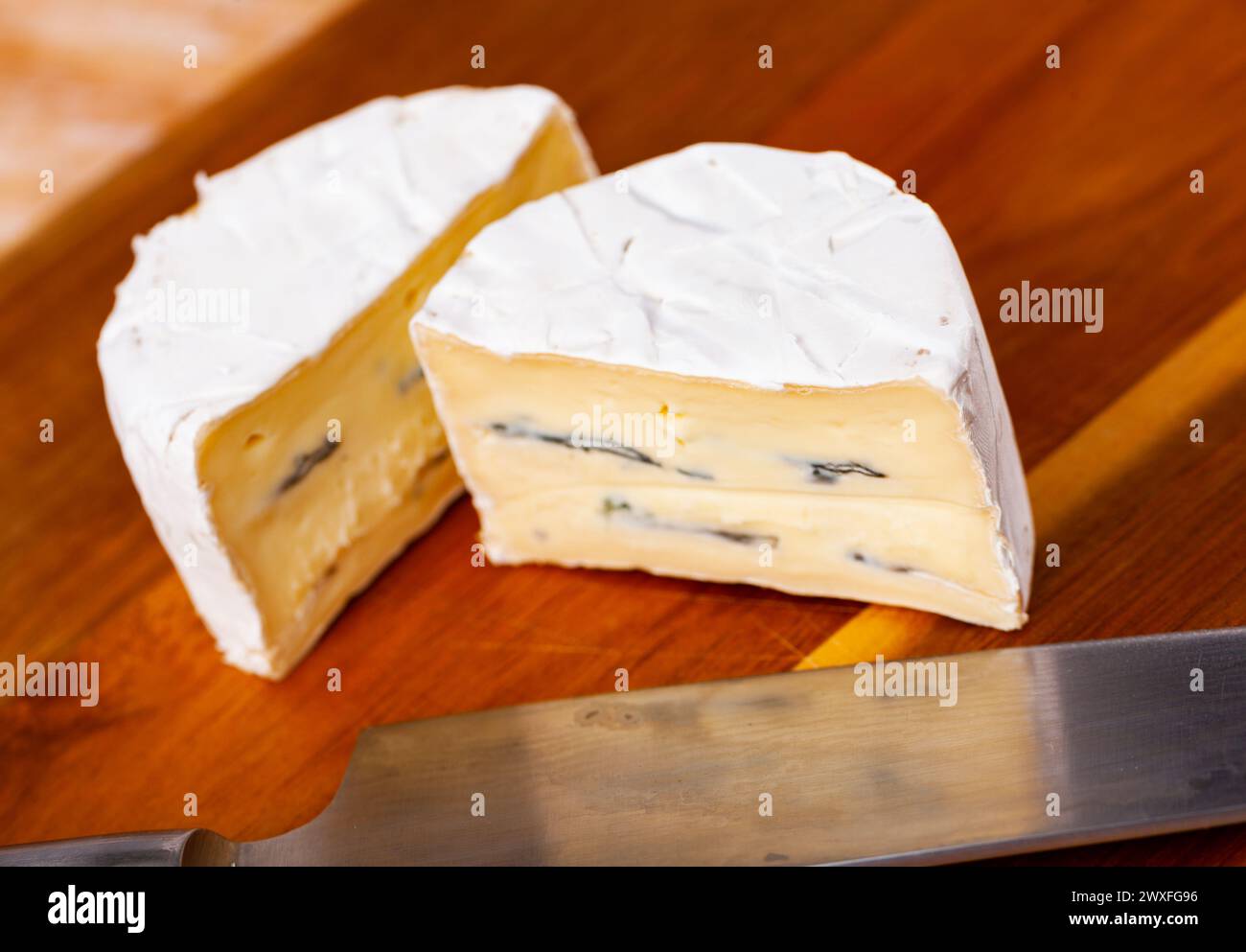 Traditional German cheese Bavaria blu with white and blue mold, cut in ...