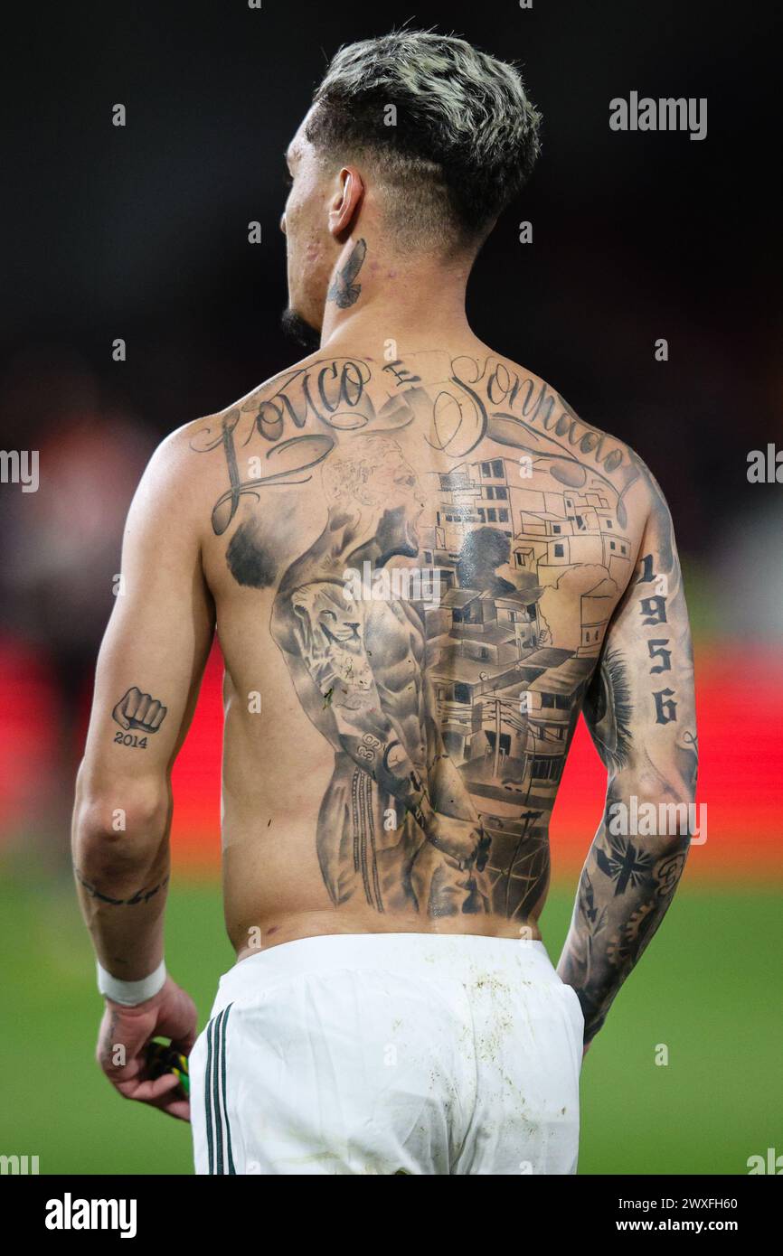 LONDON, UK - 30th Mar 2024: The tattooed back of Anthony of Manchester ...