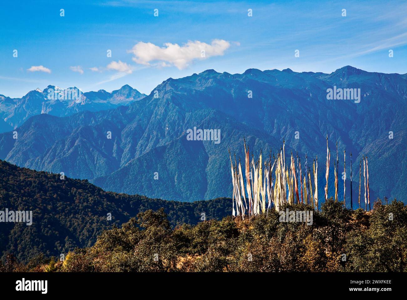 Prayer flags float in the winds above the Tang Valley near Jakar ...