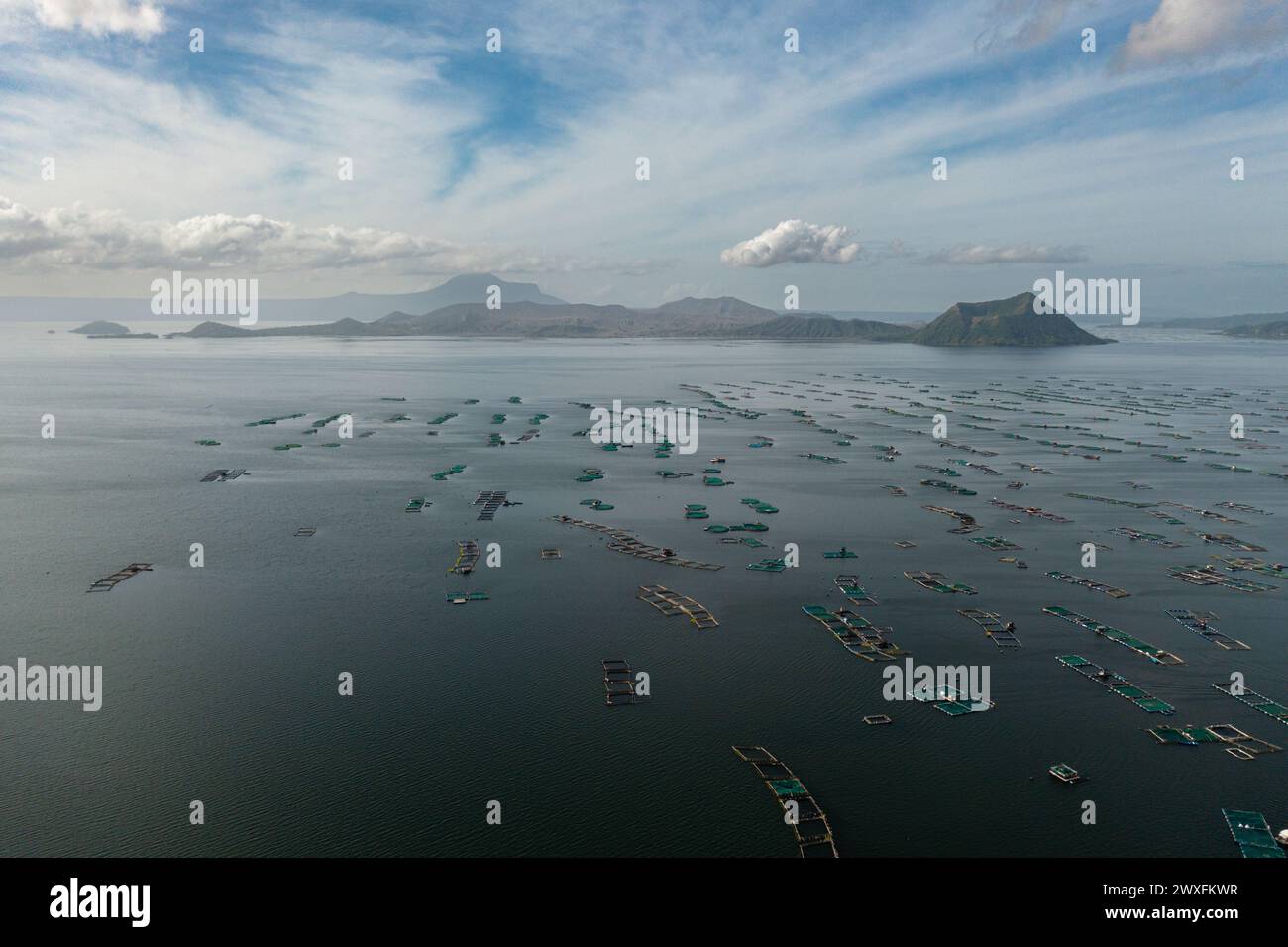 Aerial view of Fish farms on Taal Lake close to the volcano. Tagaytay ...