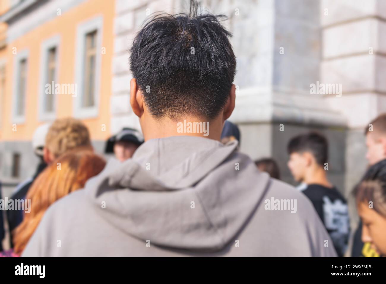 Group of students and school pupils on outdoor excursion tour in the ...