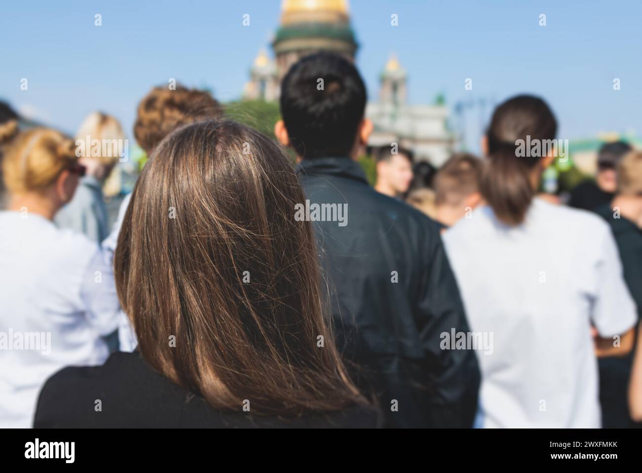 Group of students and school pupils on outdoor excursion tour in the ...