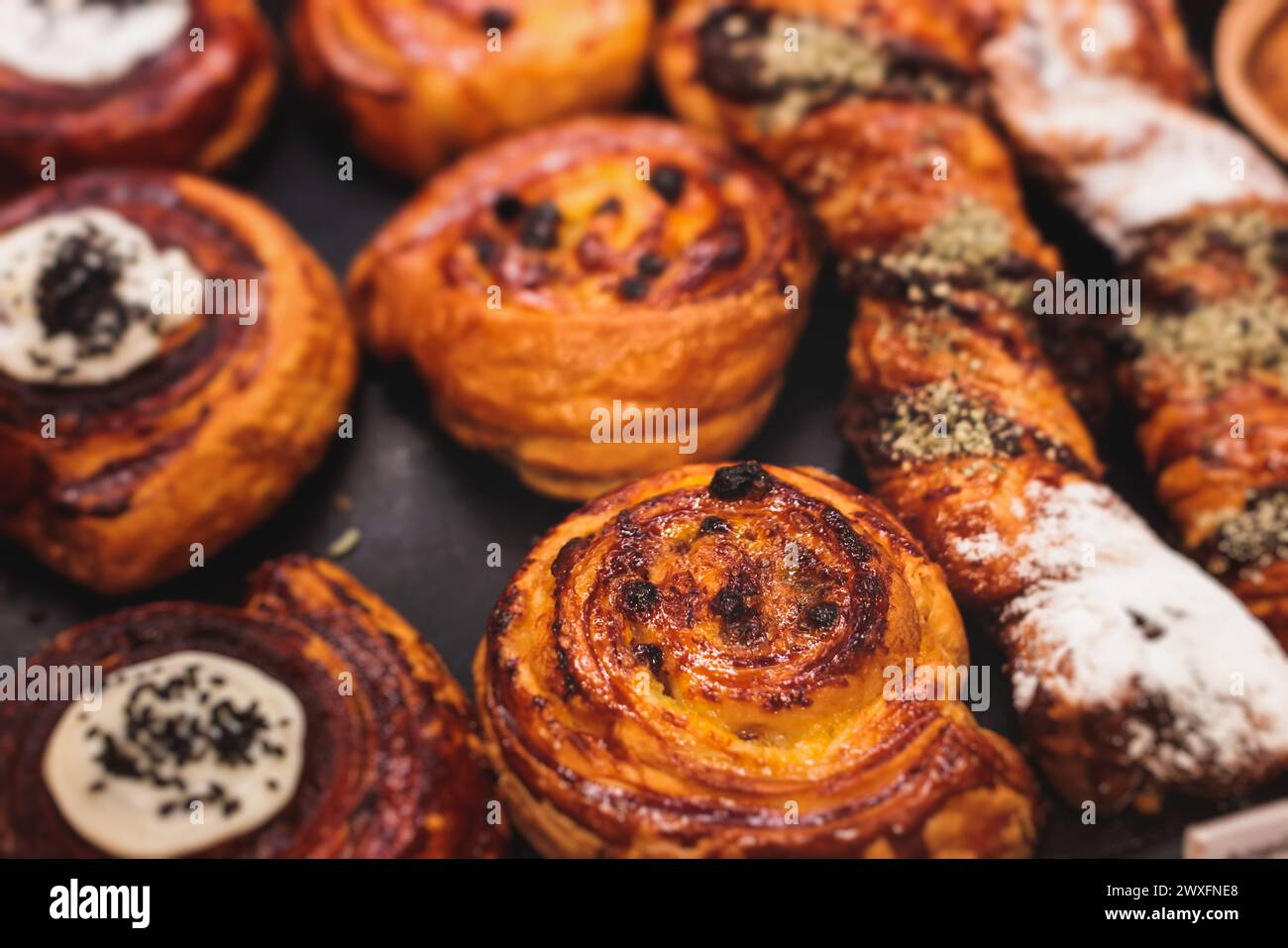 Pastry, selection assortment variety of different bakery, with cinnamon ...