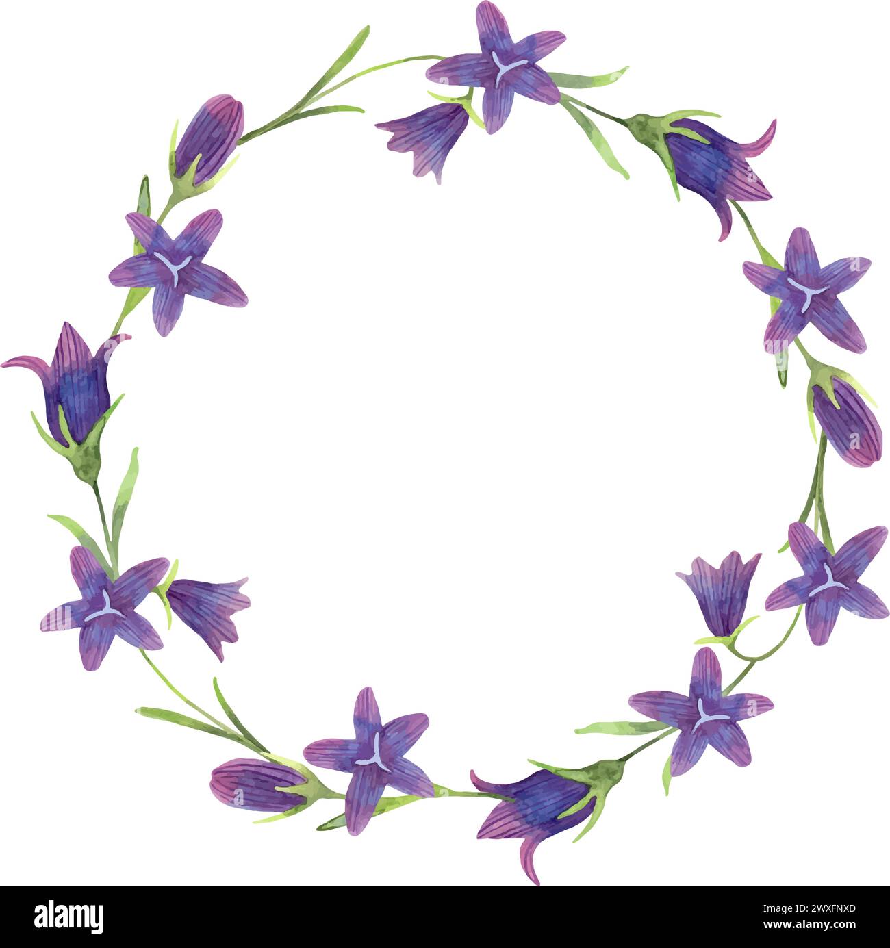 Round frame of bell flowers with petals. Watercolor illustration. Simple stylized style. Hand ...