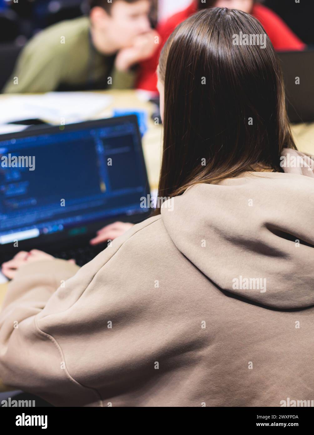 Software developer students in auditorium hall working on computer and ...