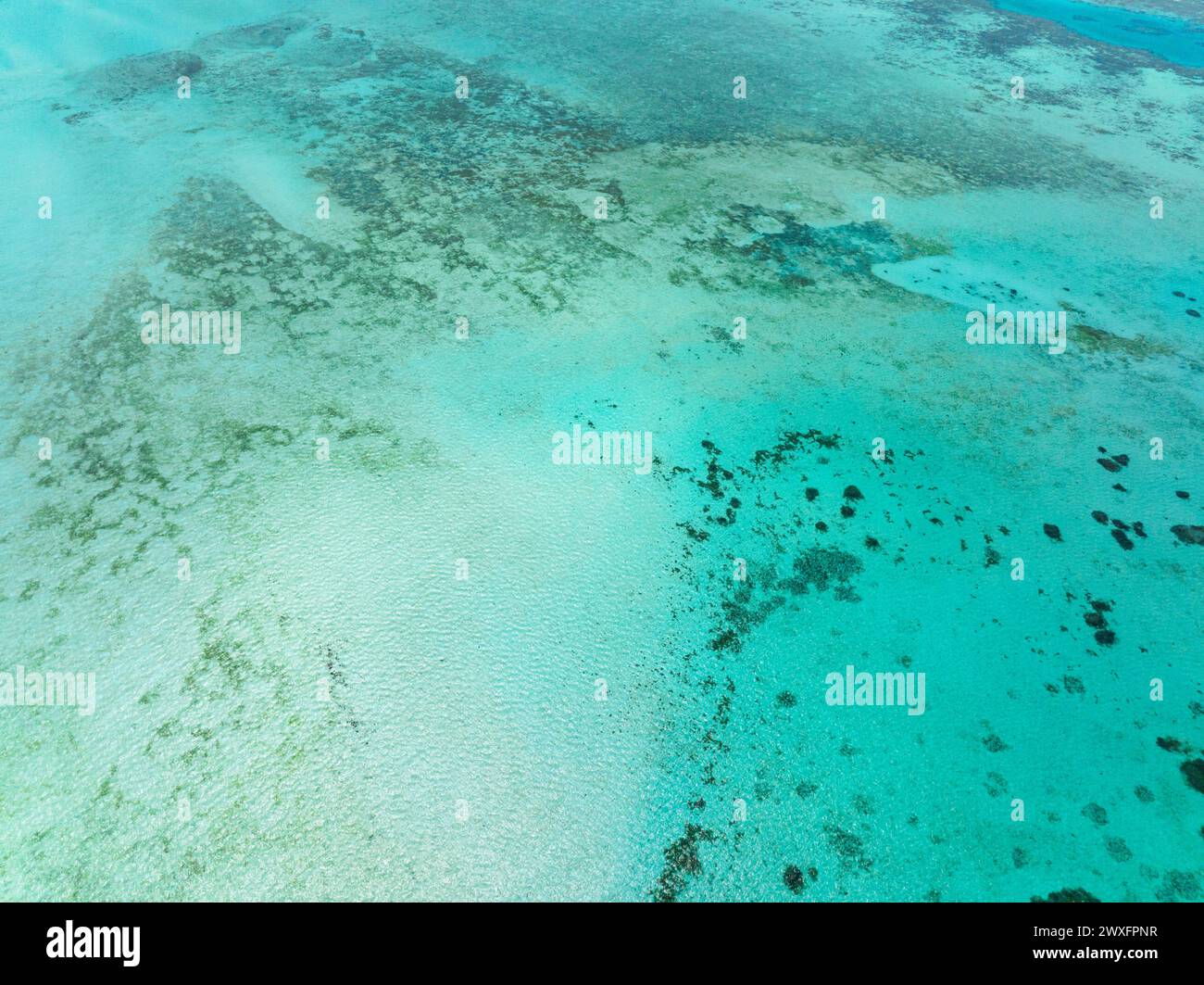 Lagoon surface on atoll and coral reef view from above. Balabac ...