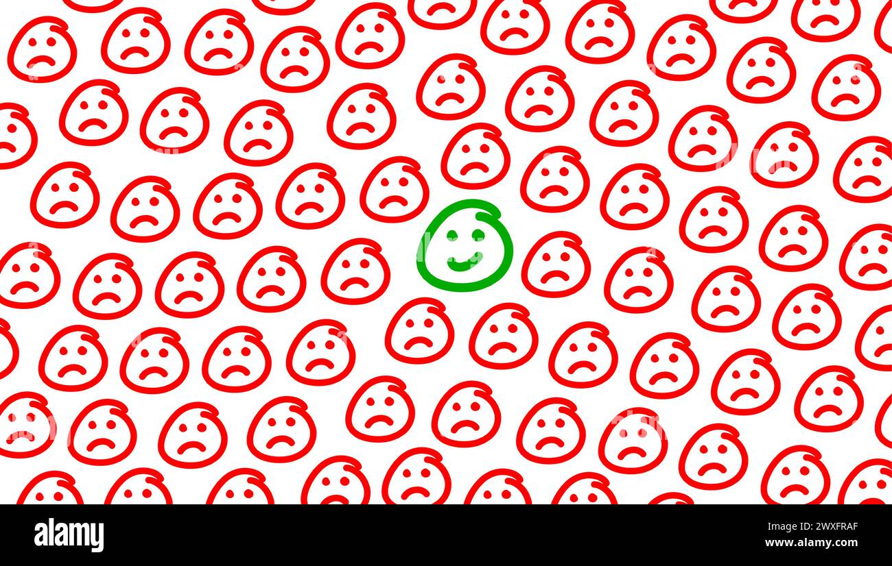 sad face pattern background and one smiling face in the middle Stock ...