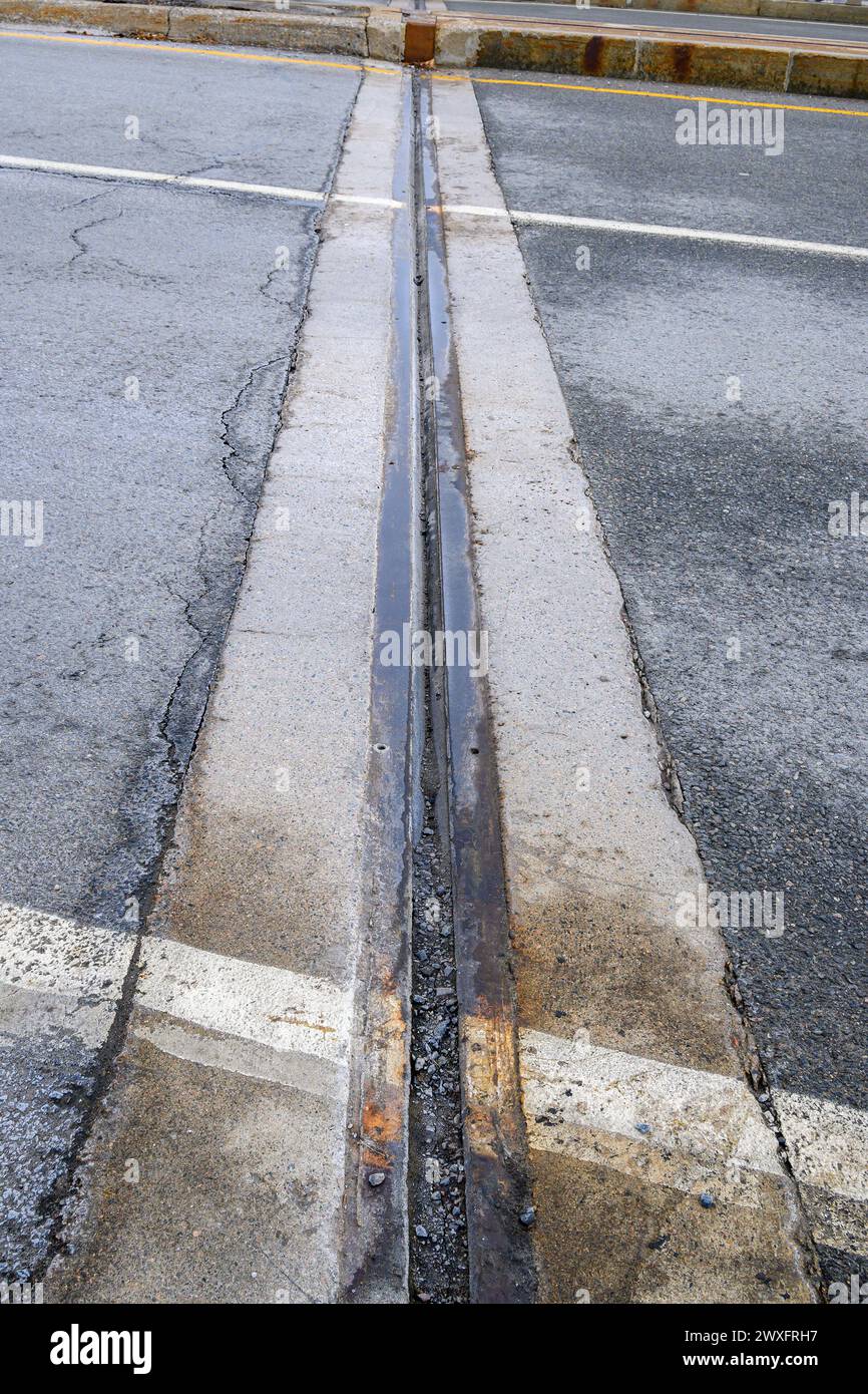 A metal expansion joint in a bridge. Expansion joints are used to allow ...