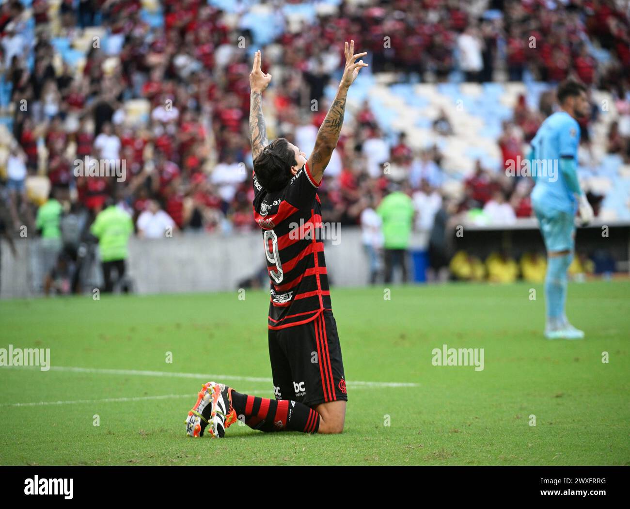 Rio de Janeiro, Brazil, March 30th 2024: Pedro of Flamengo celebrates ...