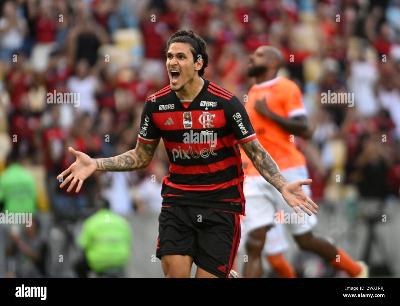 Rio de Janeiro, Brazil, March 30th 2024: Pedro of Flamengo celebrates ...