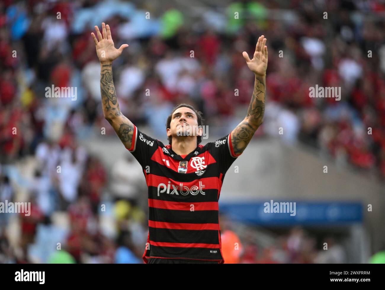 Rio de Janeiro, Brazil, March 30th 2024: Pedro of Flamengo celebrates ...