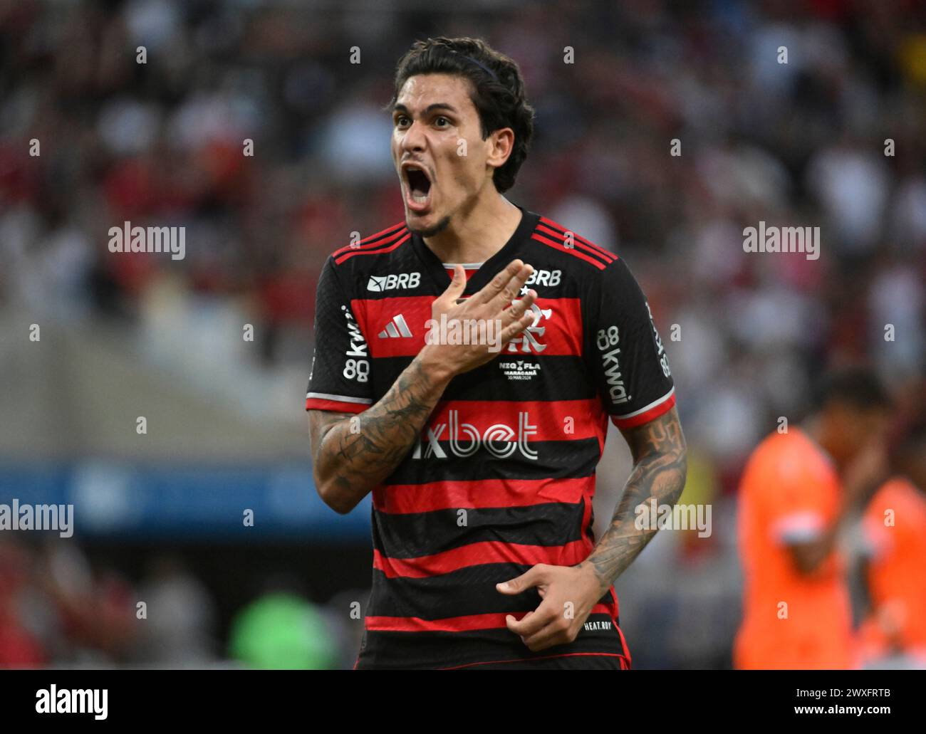 Rio de Janeiro, Brazil, March 30th 2024: Pedro of Flamengo celebrates ...