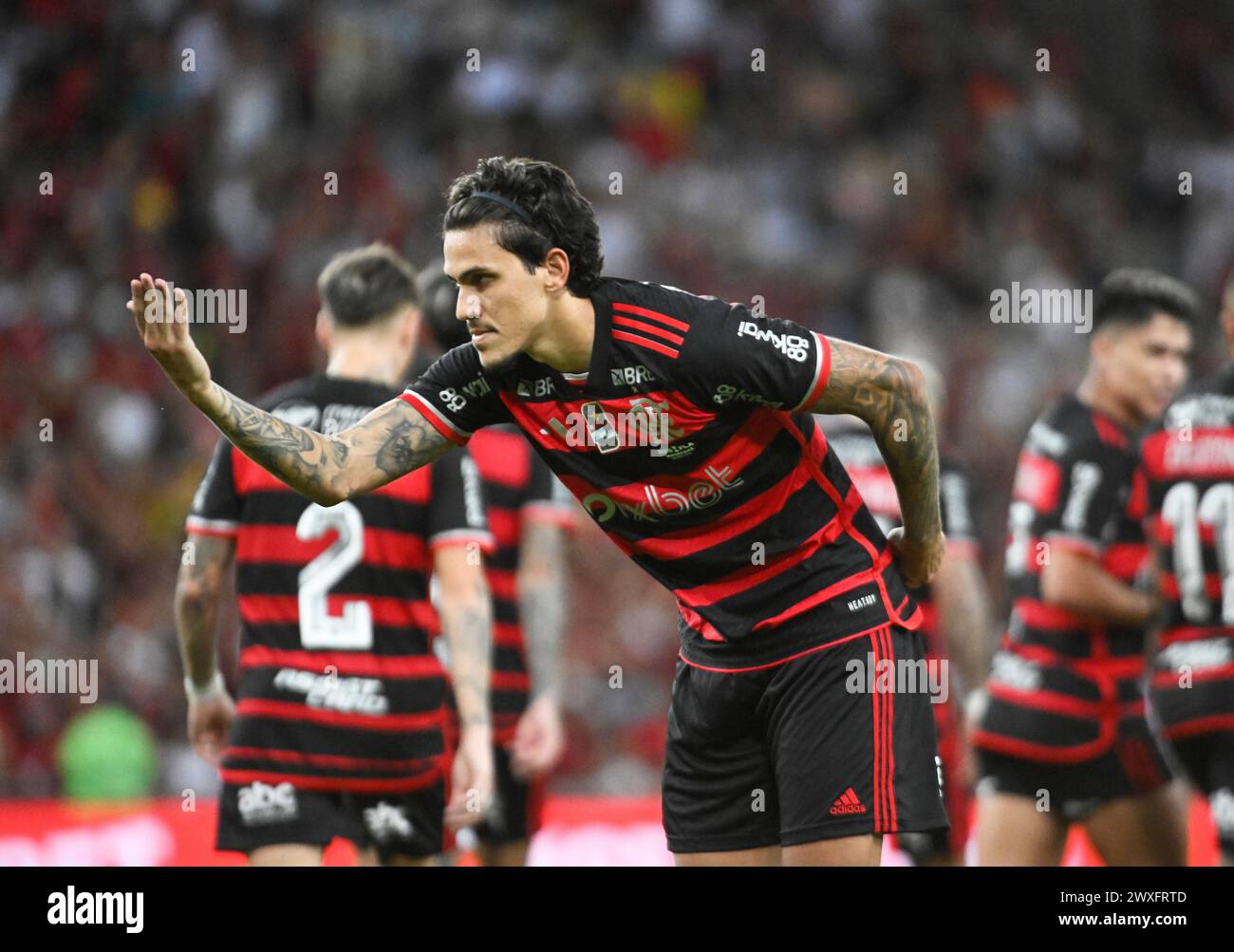 Rio de Janeiro, Brazil, March 30th 2024: Pedro of Flamengo celebrates ...