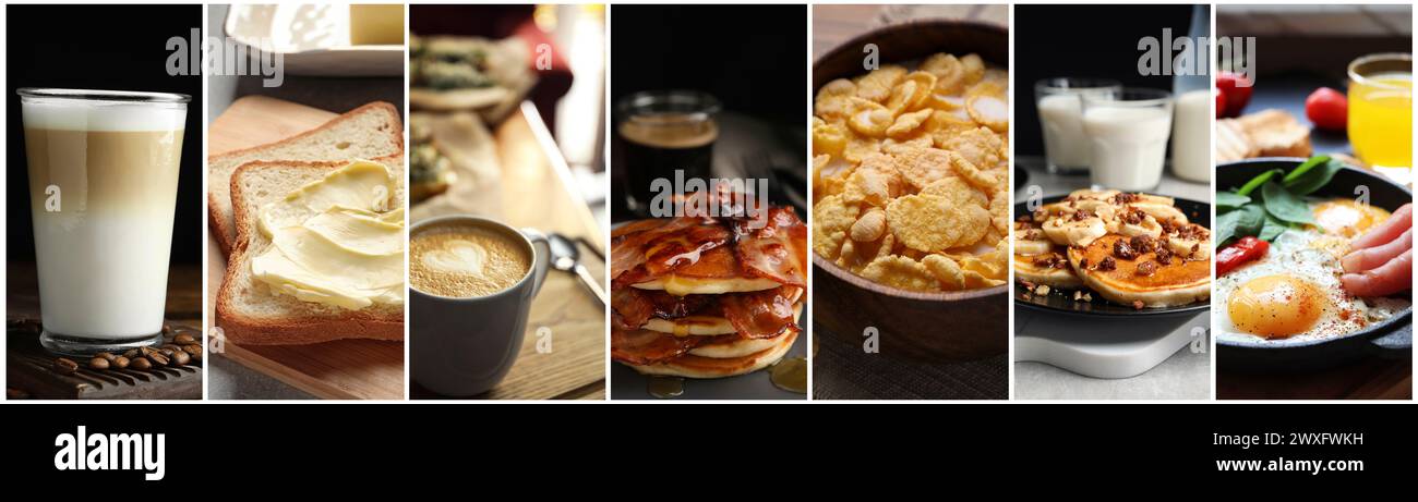 Assortment of tasty breakfasts. Collage with different meals and drinks ...