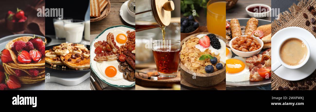 Assortment of tasty breakfasts. Collage with different meals and drinks ...