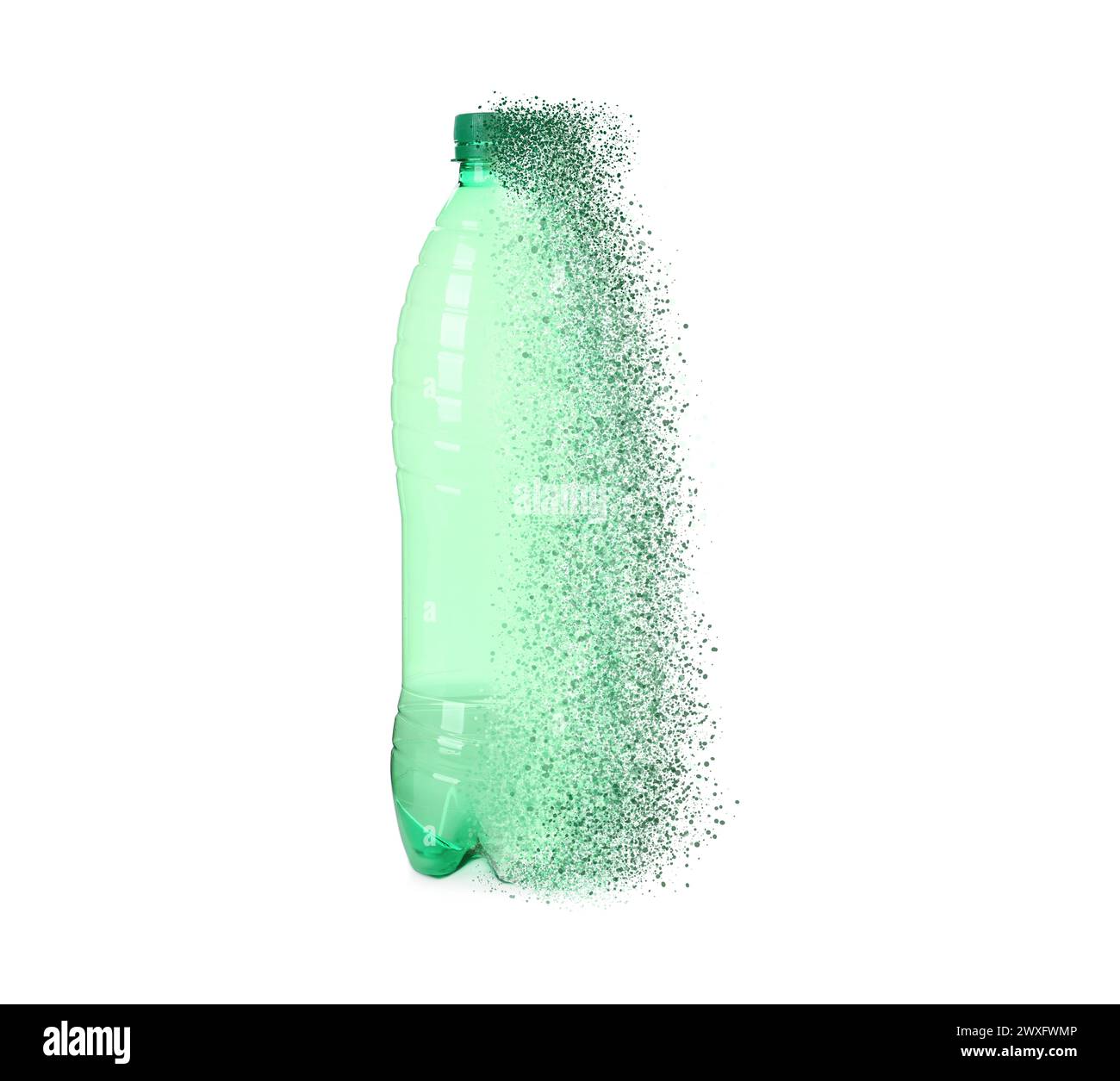 Empty green bottle vanishing on white background. Plastic decomposition ...