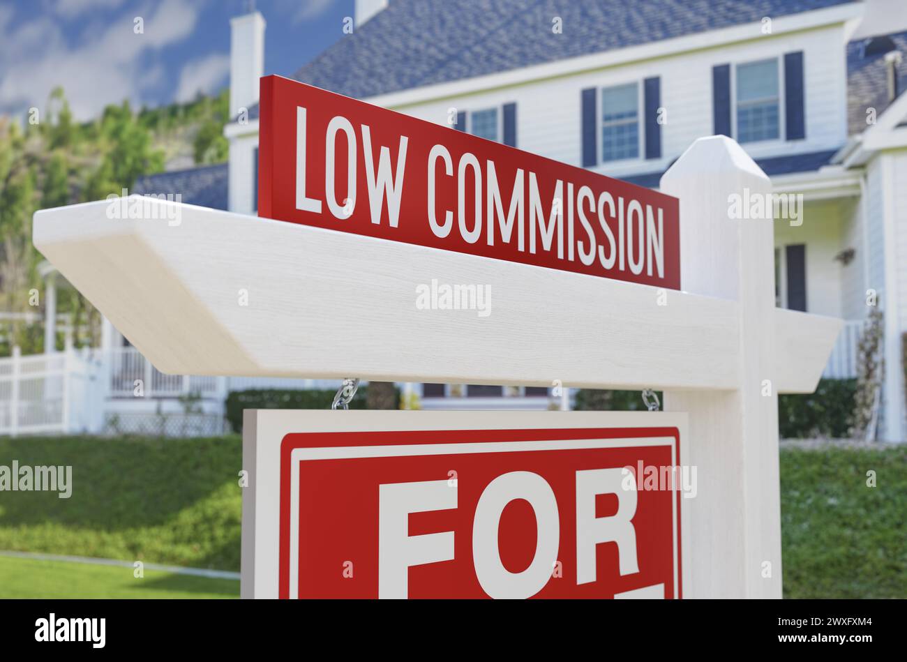 Low Commission For Sale Real Estate Sign In Front Of New House Stock ...